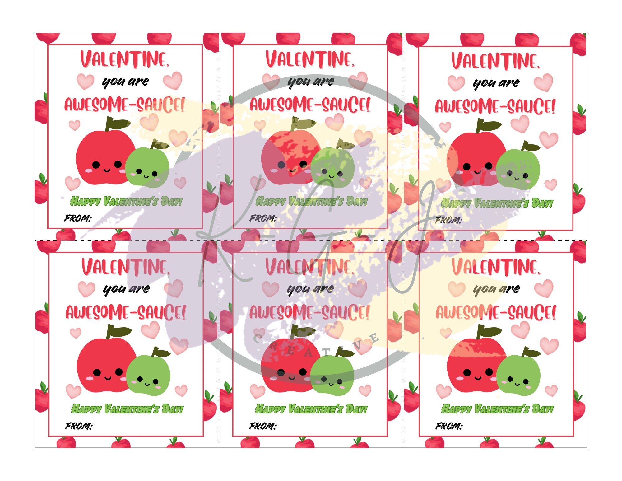 Apple Valentines Day Cards/ Applesauce Valentines/ Digital Download ...