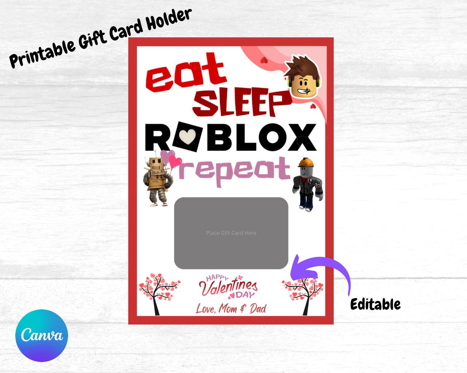 Valentines Roblox Gift Card Holder/ Editable/ Printable/ Video Game ...