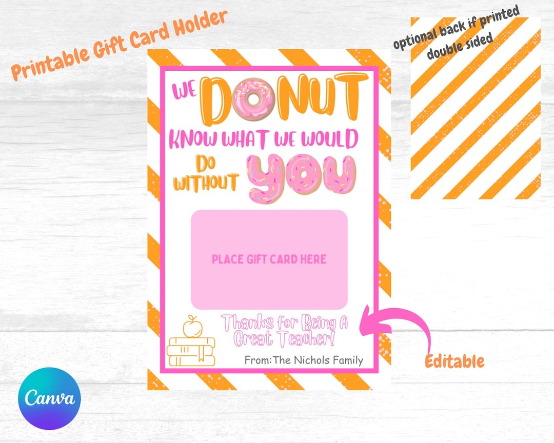 Printable Teacher Gift Card Holder/ Donut Inspired Gift Card Holder ...
