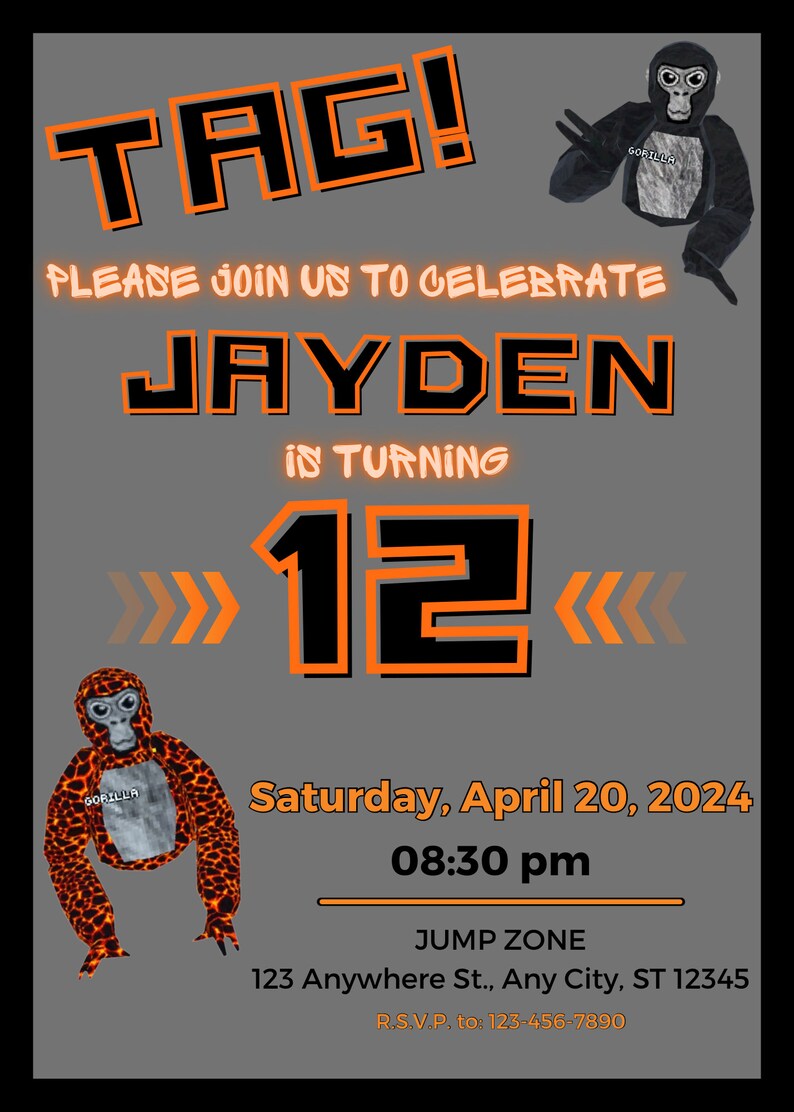 Gorilla Tag Birthday Invitation Black and Orange Lava Monkey/ Editable ...