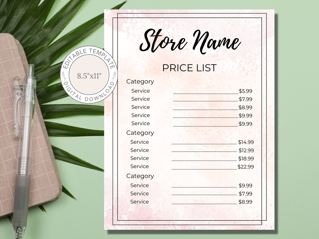 Pricing List Template Price List Sheet Small Business Editable Template ...