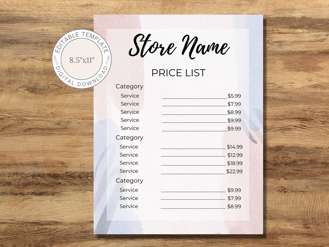 Pricing List Template Price List Sheet Small Business Editable Template ...