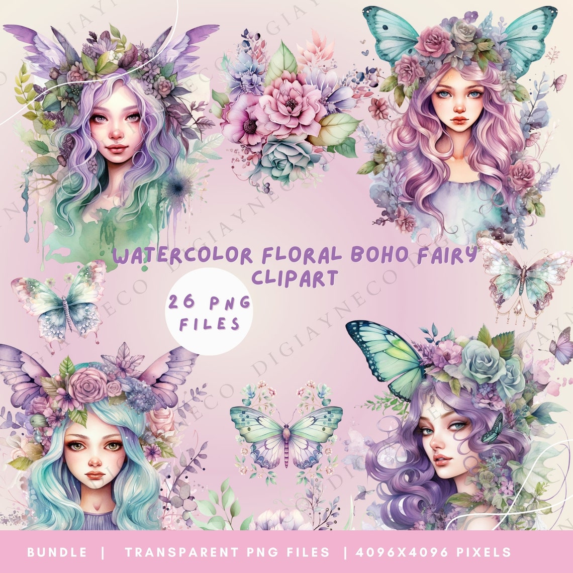 26 PNG Watercolor Floral Boho Fairy Clipart, Purple and Green Fairies Clip Art, Bohemian Clipart ...