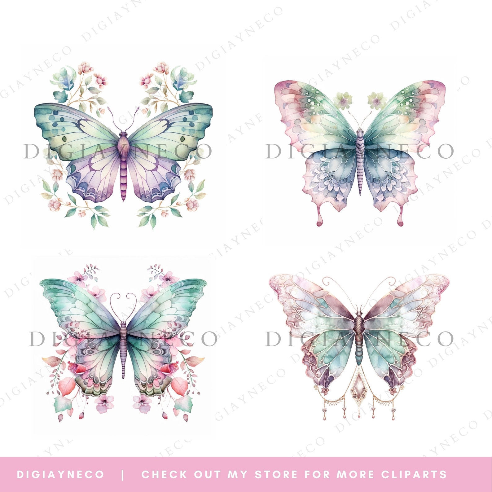 26 PNG Watercolor Floral Boho Fairy Clipart, Purple and Green Fairies Clip Art, Bohemian Clipart ...