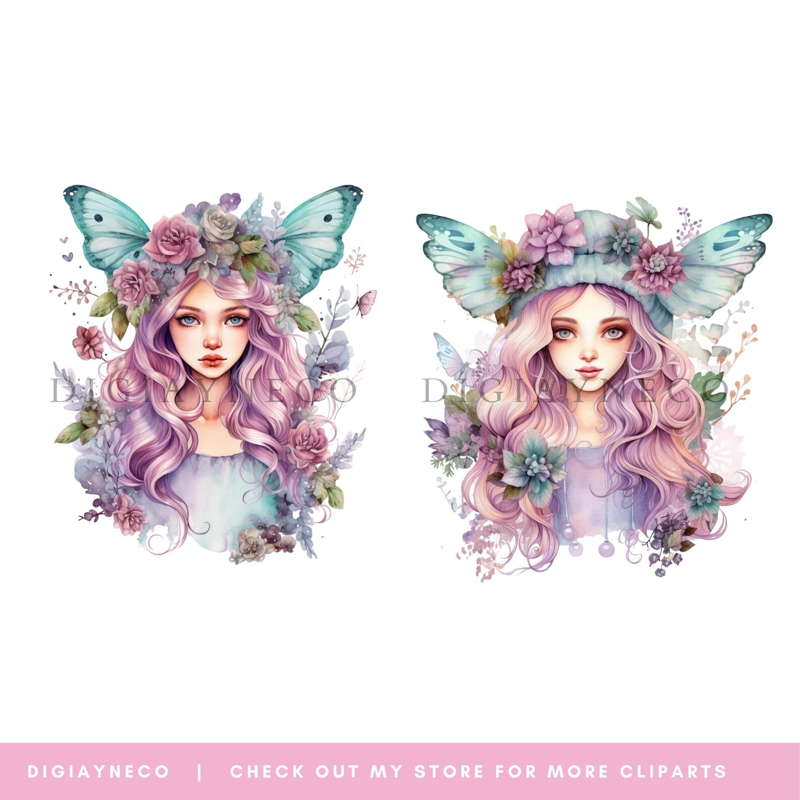 26 PNG Watercolor Floral Boho Fairy Clipart, Purple and Green Fairies Clip Art, Bohemian Clipart ...