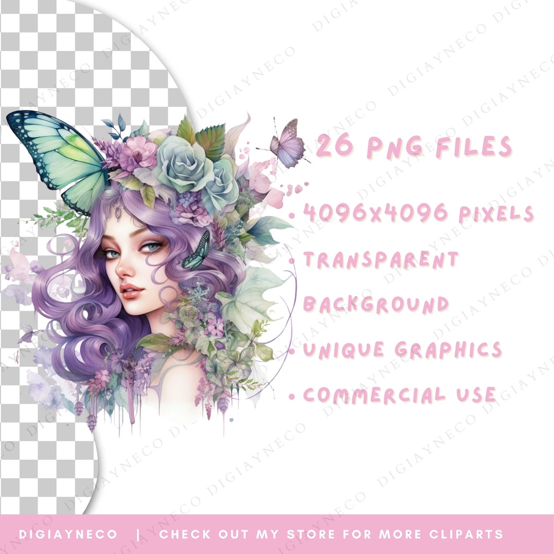 26 PNG Watercolor Floral Boho Fairy Clipart, Purple and Green Fairies Clip Art, Bohemian Clipart ...