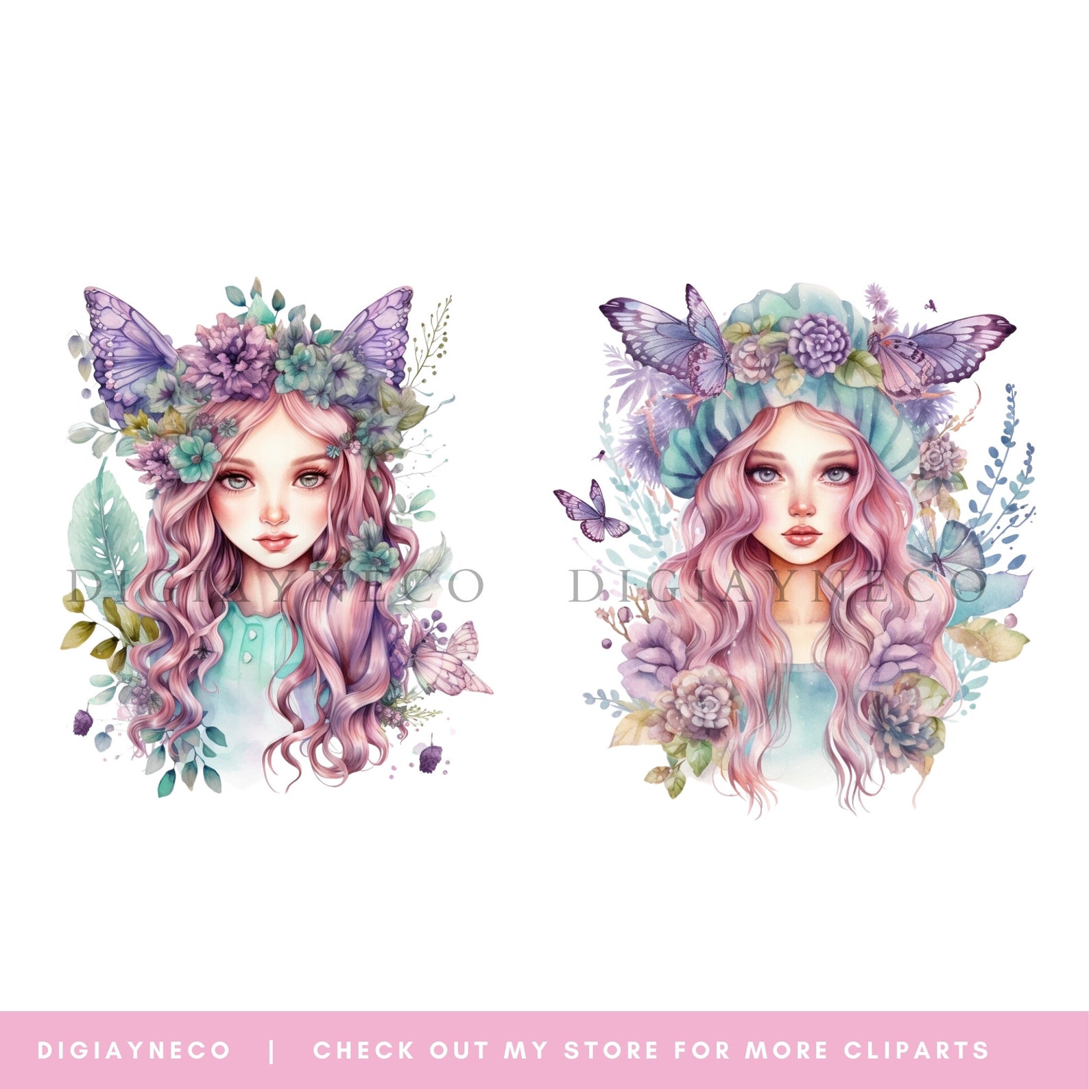 26 PNG Watercolor Floral Boho Fairy Clipart, Purple and Green Fairies Clip Art, Bohemian Clipart ...