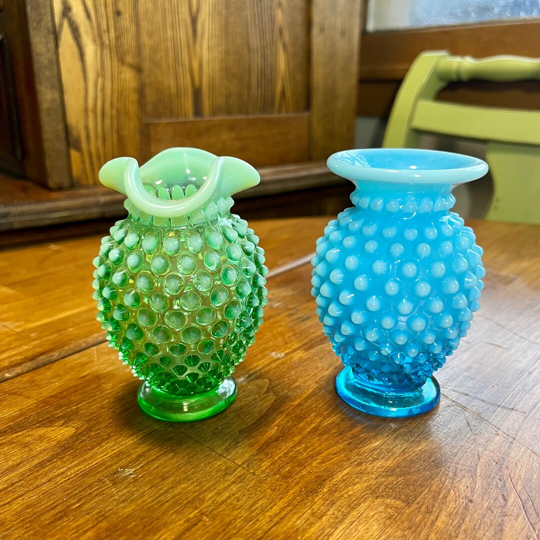 2 Vintage Fenton Hobnail Opalescent Green Ruffle Uranium and Blue Bud ...