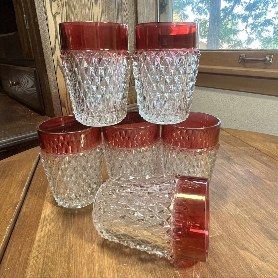 6 Vintage Indiana Glass Diamond Point Ruby Flashed Cranberry Tumblers ...