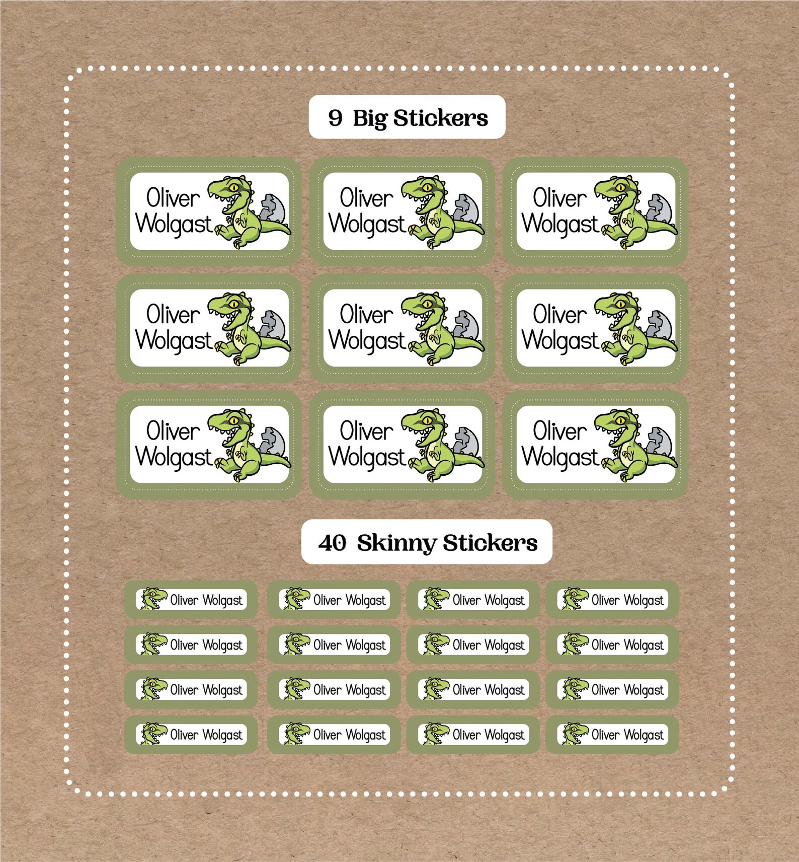 Dinosaur Stickers - 9 Big School Name Stickers - 40 Skinny Stickers - Etsy