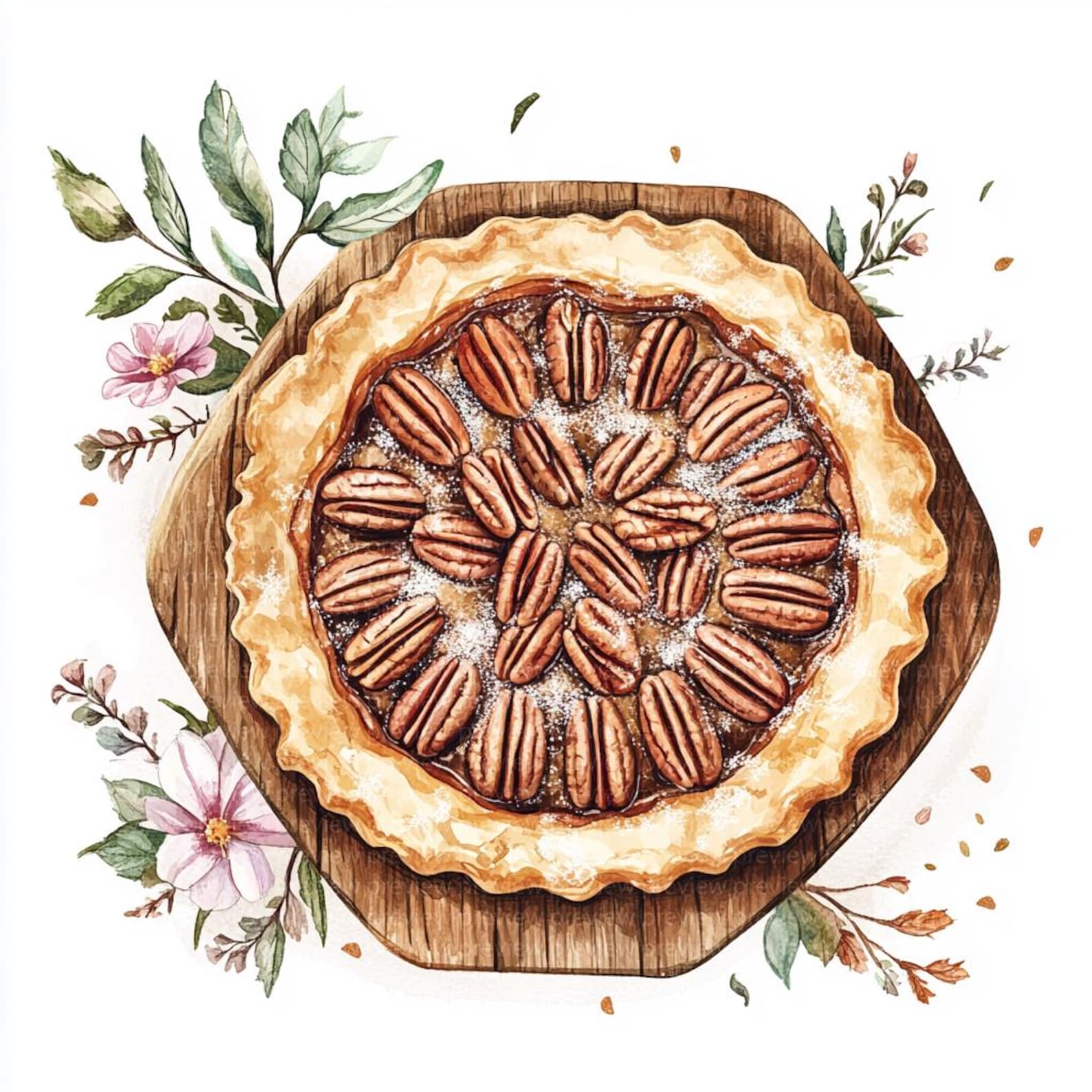 Watercolor Pecan Pie Clipart | 15 High Resolution Jpgs for Recipe Cards ...