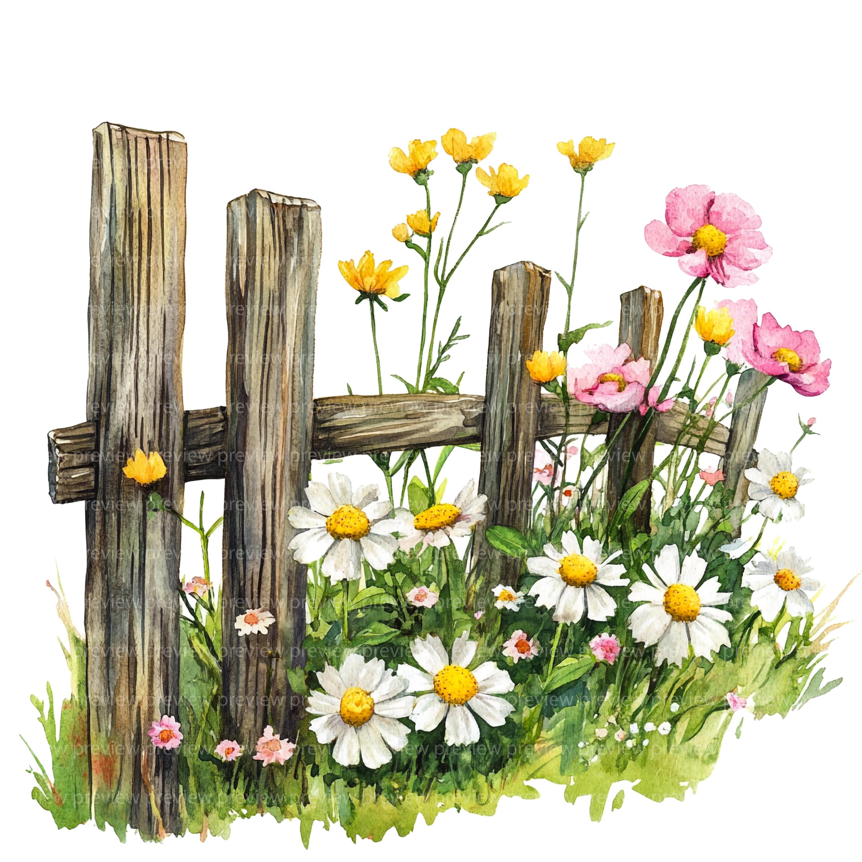 20 Spring Fence Clipart JPG | Garden Floral Watercolor Art | Rustic ...