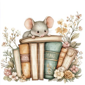 12 Mouse With Books Clipart, Floral Book Clipart, Watercolor Clipart ...