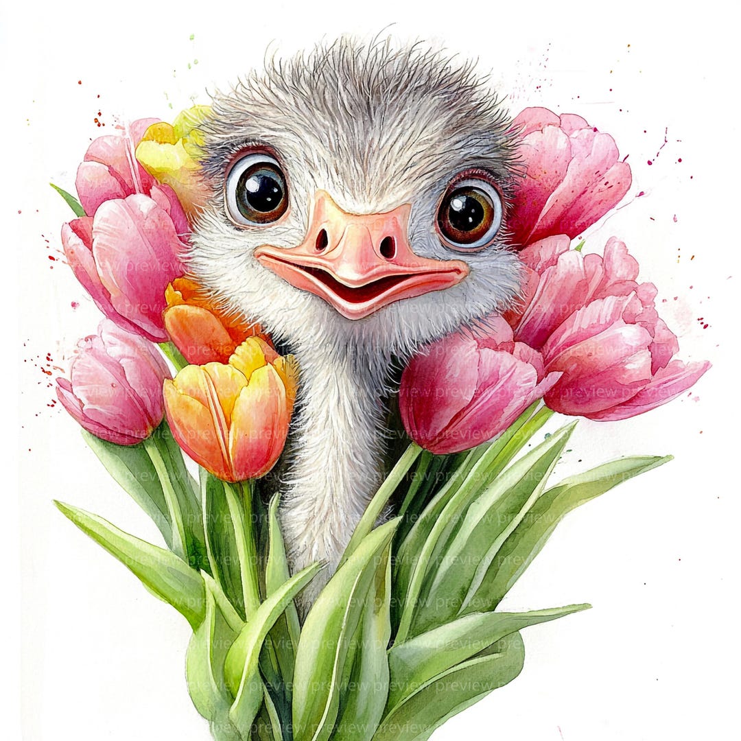 12 Flowers Ostrich Watercolor Clipart, Whimsical Bird Art, Floral ...