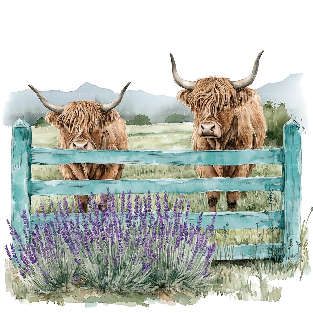 20 Highland Cow Clipart | Turquoise Fence Watercolor Art | Lavender ...