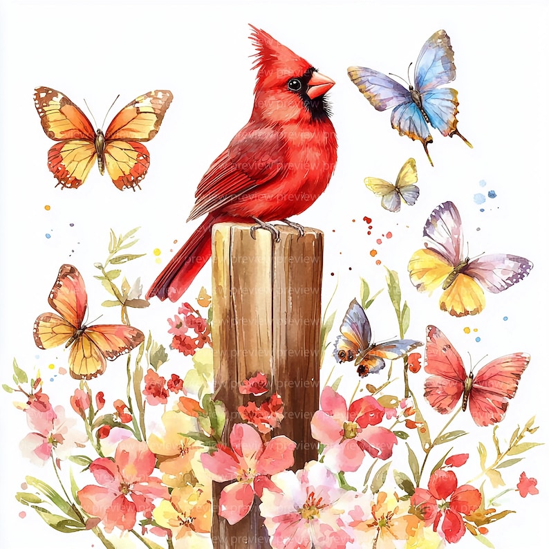 Watercolor Cardinals and Butterflies Clipart: Floral Bird Art (12 Jpgs ...