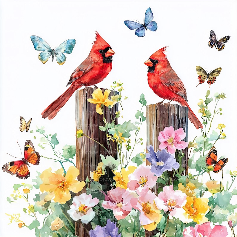 Watercolor Cardinals and Butterflies Clipart: Floral Bird Art (12 Jpgs ...