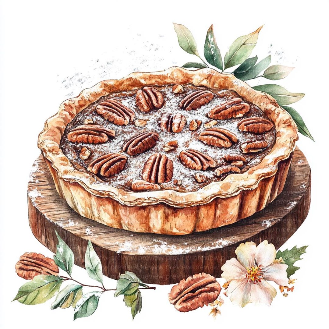 Watercolor Pecan Pie Clipart: Recipe Card & Planner Graphics (12 Jpgs ...