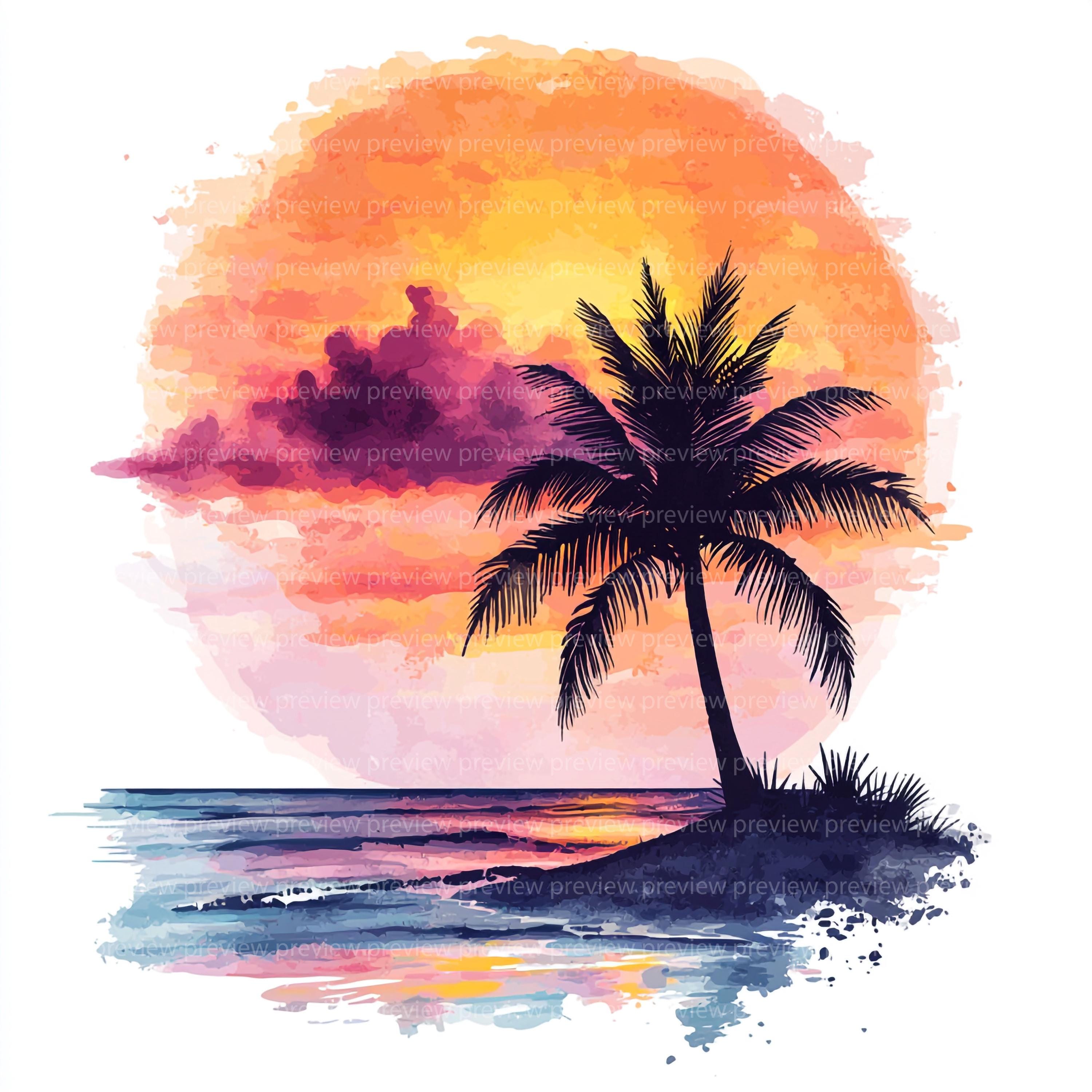 12 Watercolor Beach Sunset Clipart | Palm Tree Ocean Art (jpgs, Digital ...