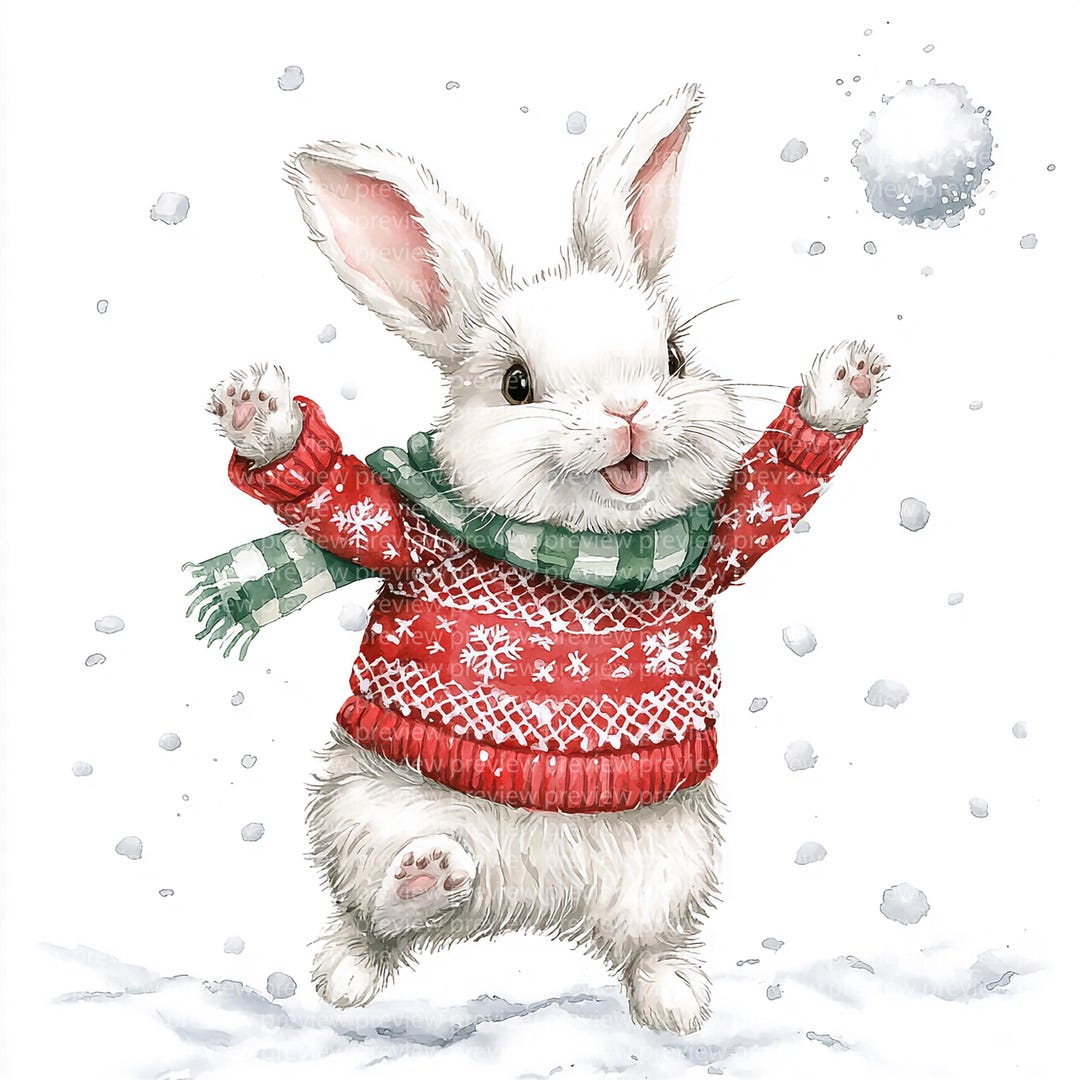 20 Cute Christmas Bunny Clipart - Winter Rabbit in Sweater Playing With ...