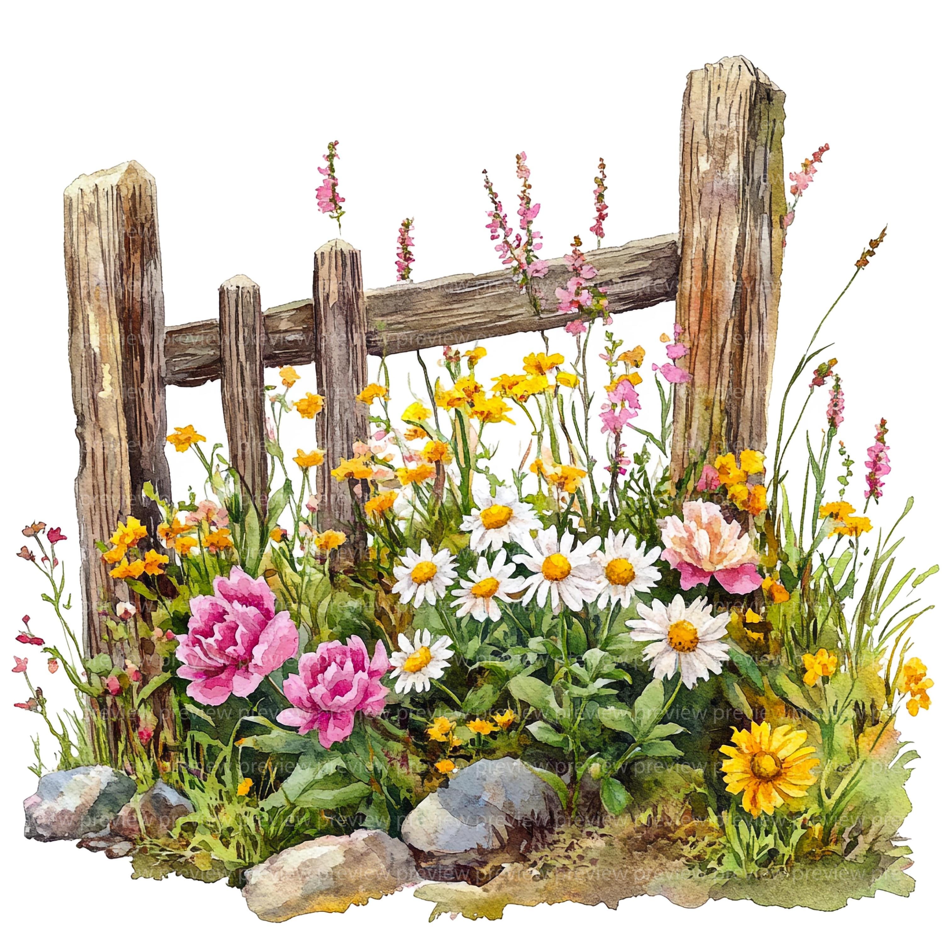 20 Spring Fence Clipart JPG | Garden Floral Watercolor Art | Rustic ...