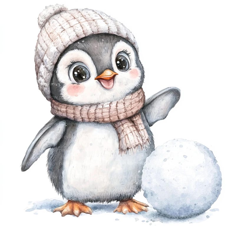 16 Watercolor Penguin Clipart | Winter Animals With Snowball (jpgs ...