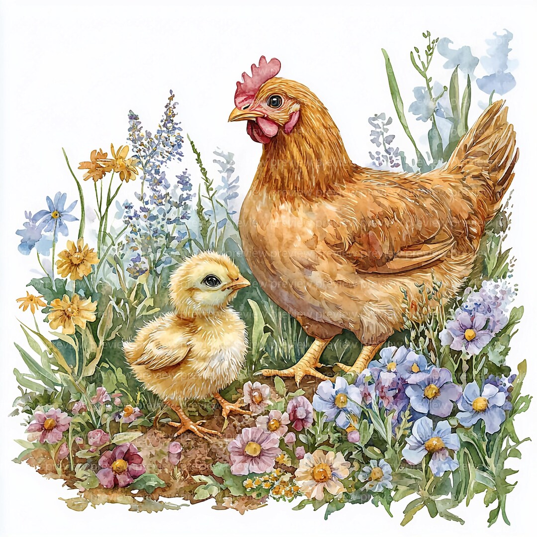 12 Mother and Baby Chick Clipart, Hen and Chick Clipart, Watercolor ...