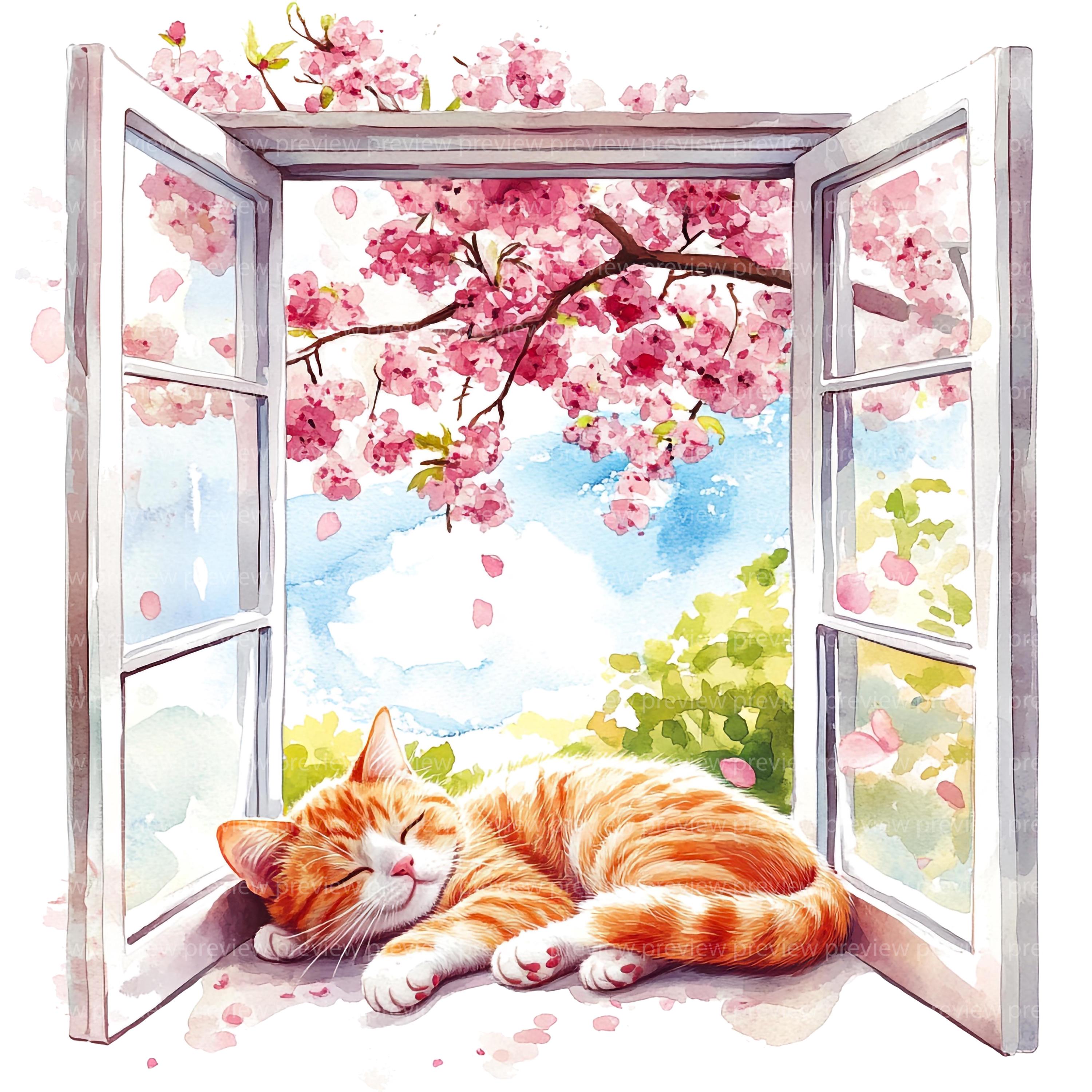 20 Spring Window Cat Clipart JPG | Kitten Window Scene Art | Watercolor ...