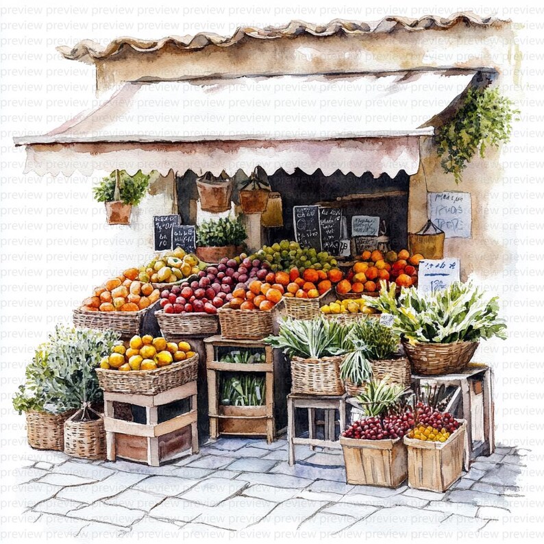 Farmers Market Watercolor Clipart: Grocery Art (12 Jpgs, Digital ...
