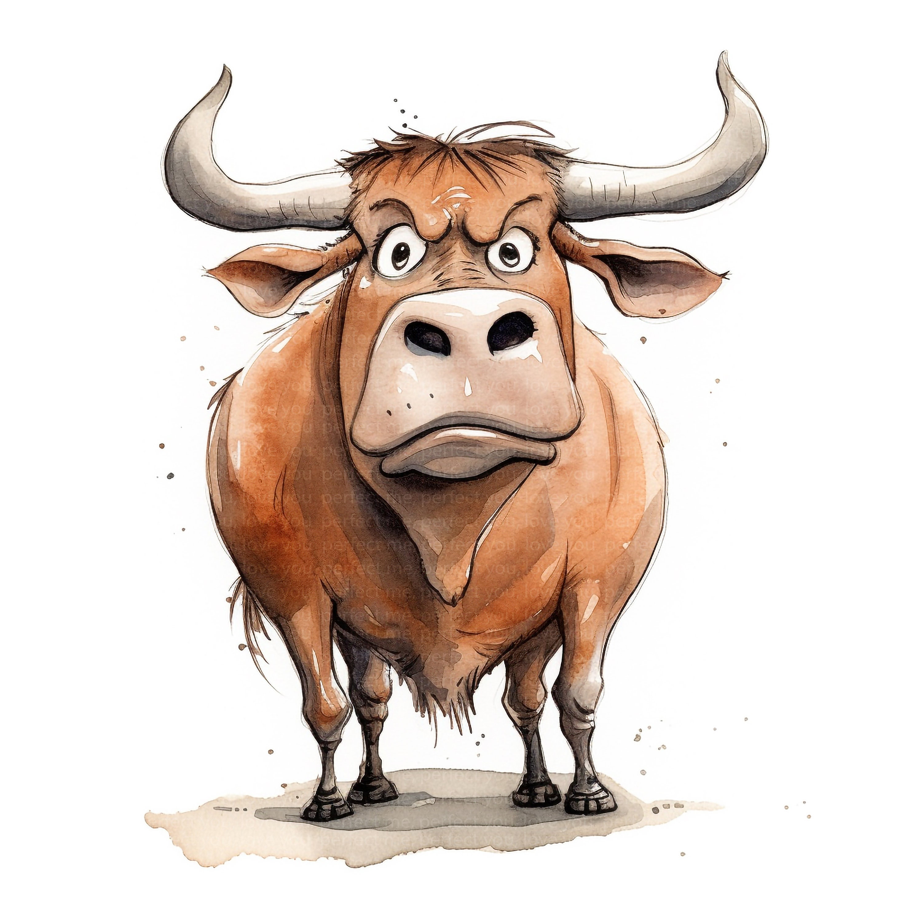 13 Cute and Funny Bull Clipart, Watercolor Bull Clipart, Animal Clipart ...