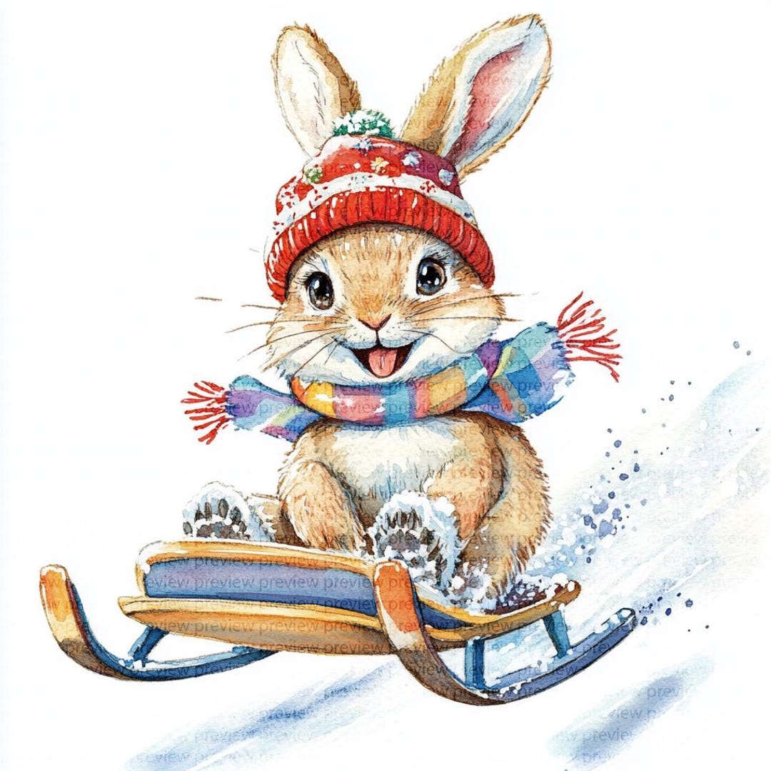 Watercolor Hare Sledding on Snow Clipart| 14 High Resolution Jpgs for ...