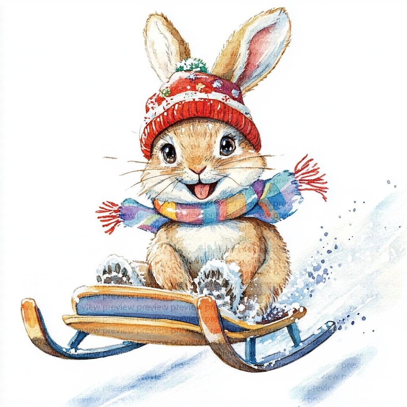 Watercolor Hare Sledding on Snow Clipart| 14 High Resolution Jpgs for ...