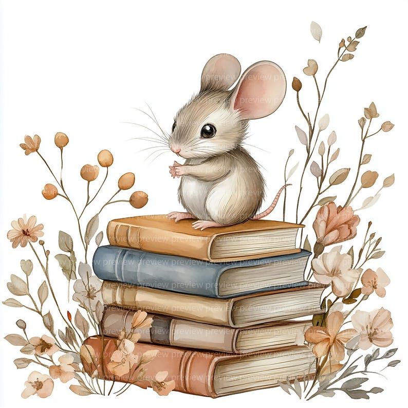12 Mouse With Books Clipart, Floral Book Clipart, Watercolor Clipart ...