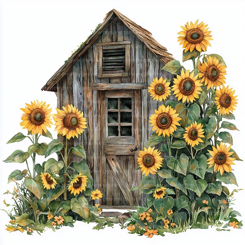 12 Sunflower Cottage Clipart, Old Hut With Sunflowers Watercolor ...