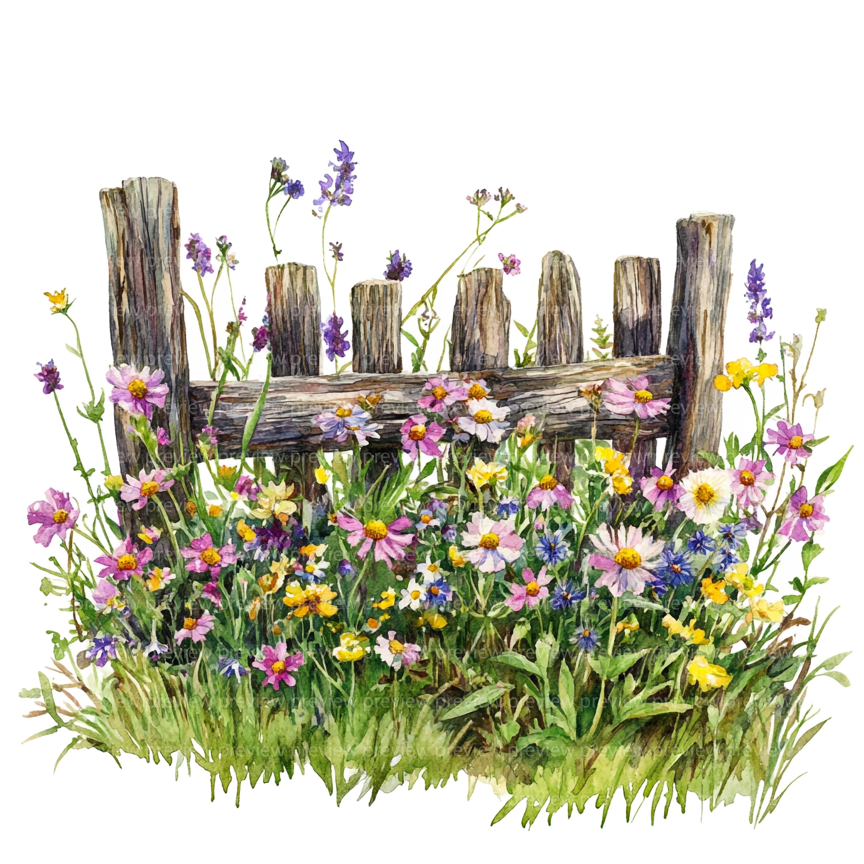 20 Spring Fence Clipart JPG | Garden Floral Watercolor Art | Rustic ...