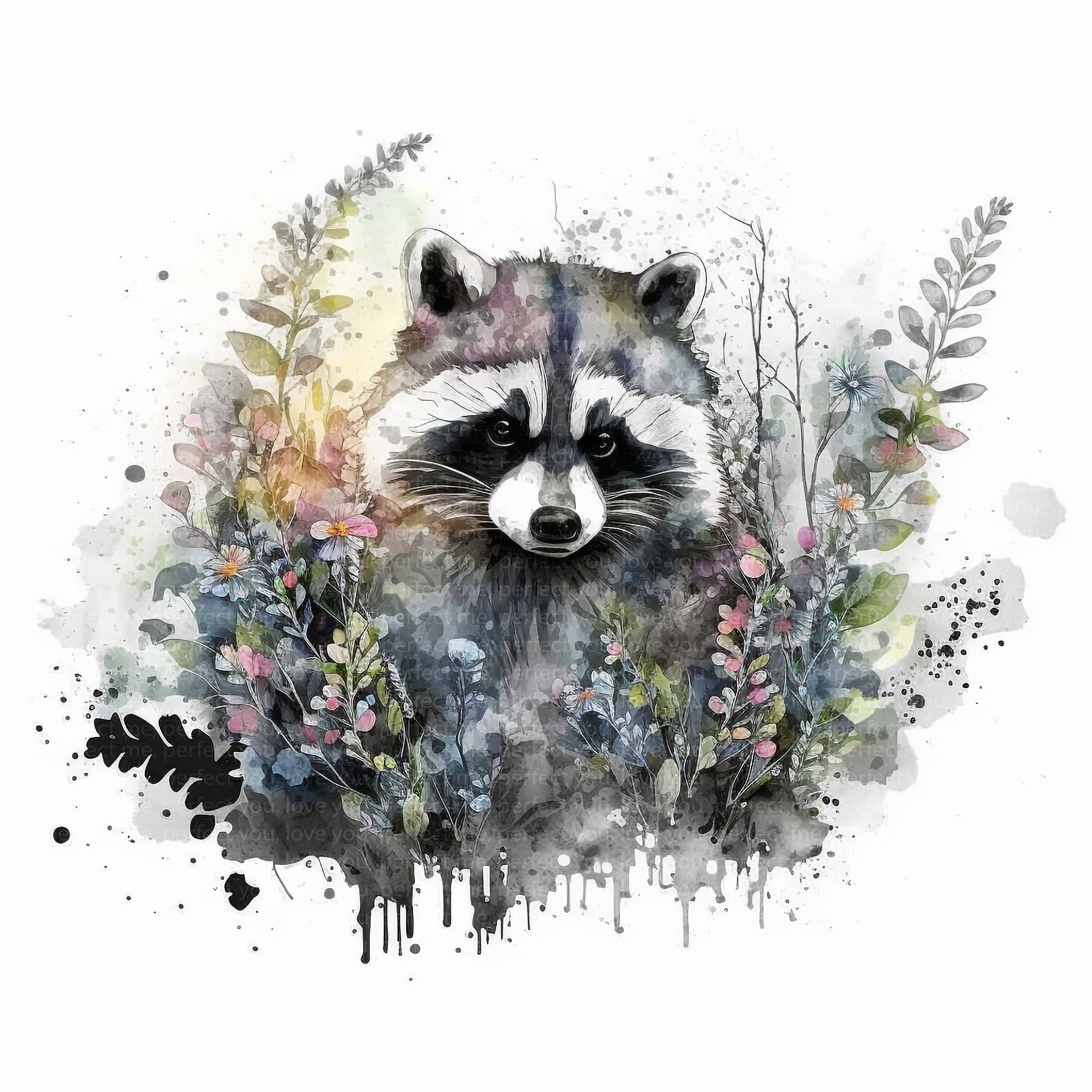 12 Floral Raccoon Watercolor Clipart | Whimsical Animal Art | Forest ...