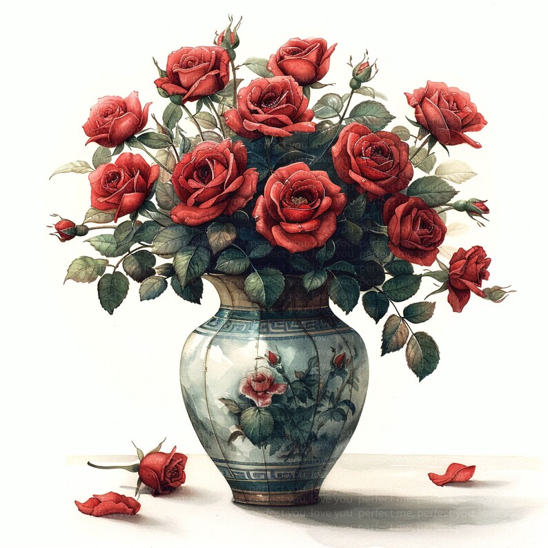 12 Red Roses in Vase Clipart, Red Roses Bouquet, Rose Clipart, High ...