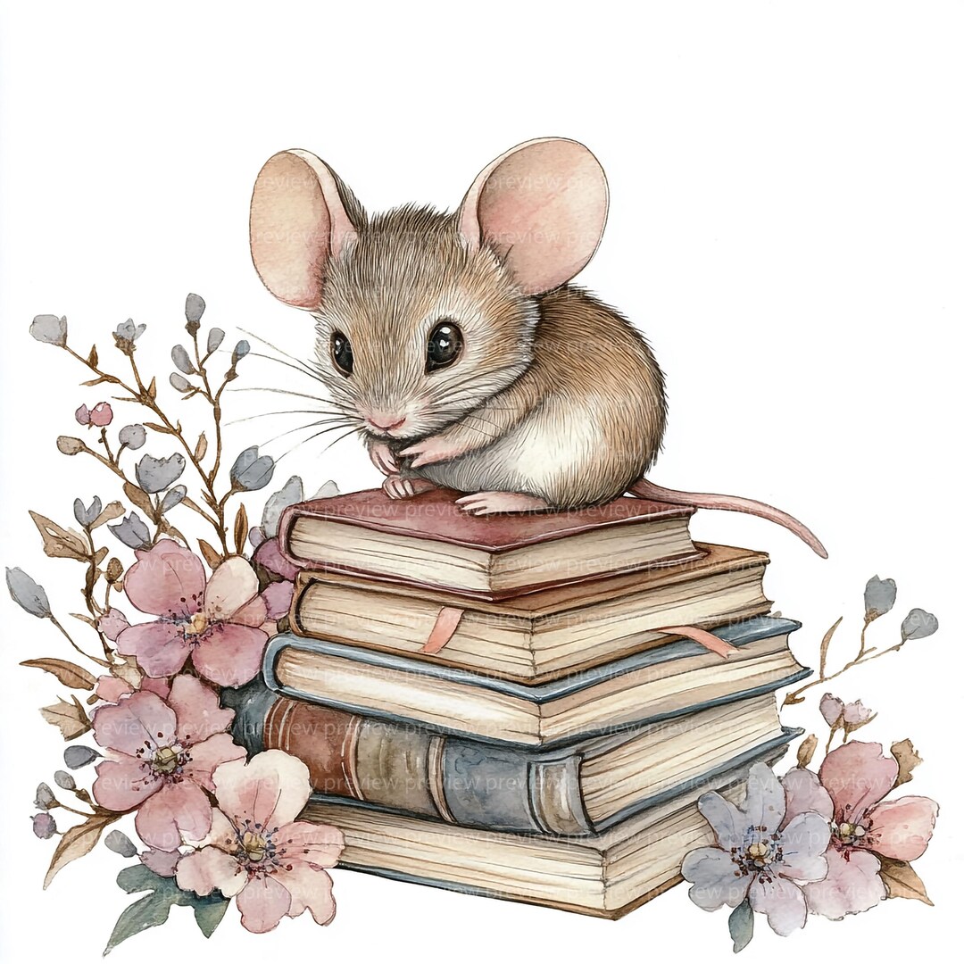 12 Mouse With Books Clipart, Floral Book Clipart, Watercolor Clipart ...