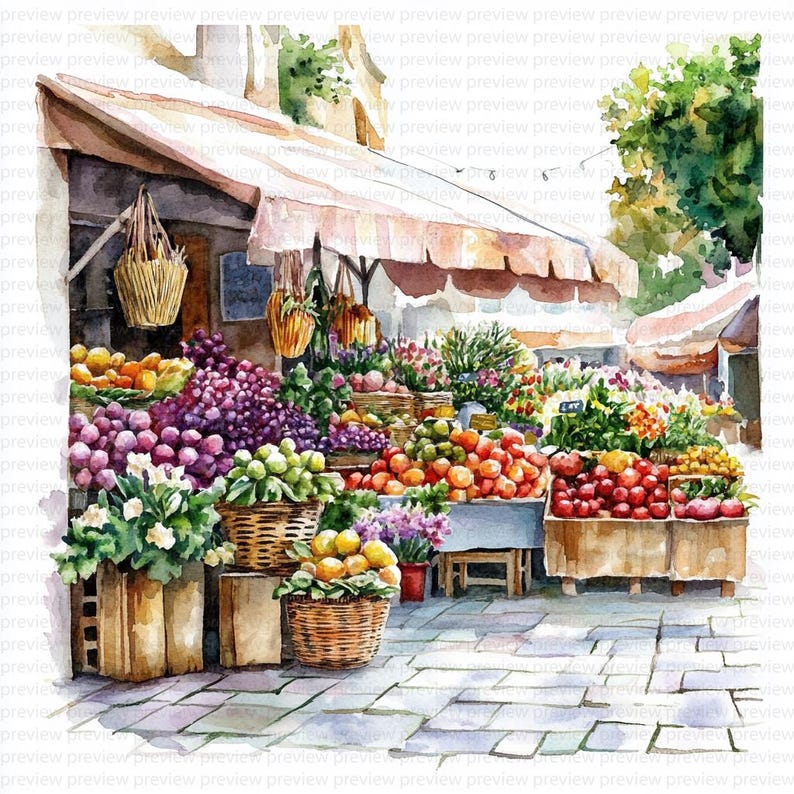 Farmers Market Watercolor Clipart: Grocery Art (12 Jpgs, Digital ...