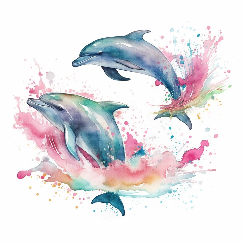 Playful Dolphin Clipart | Watercolor Dolphins Animal Art | 12 High ...