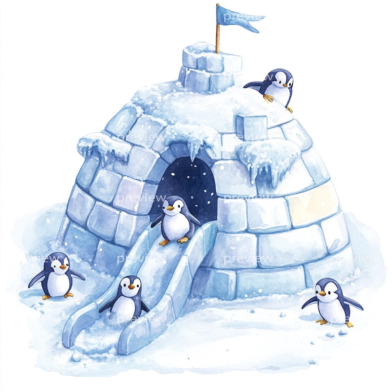 20 Watercolor Igloo Clipart, Cute Penguin Clipart | Watercolor Clipart ...