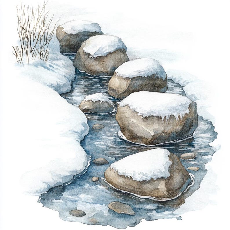 Watercolor Frosted Rocks Clipart: Winter Landscape (12 Jpgs, Digital ...