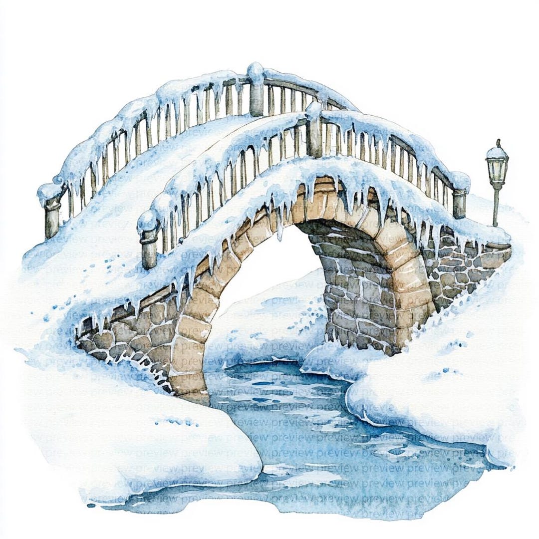Watercolor Snow-covered Bridge Clipart | 16 High Resolution Jpgs for ...