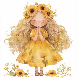 12 Sunflower Girl Clipart, Summer Girl Clipart, Watercolor Clipart for ...