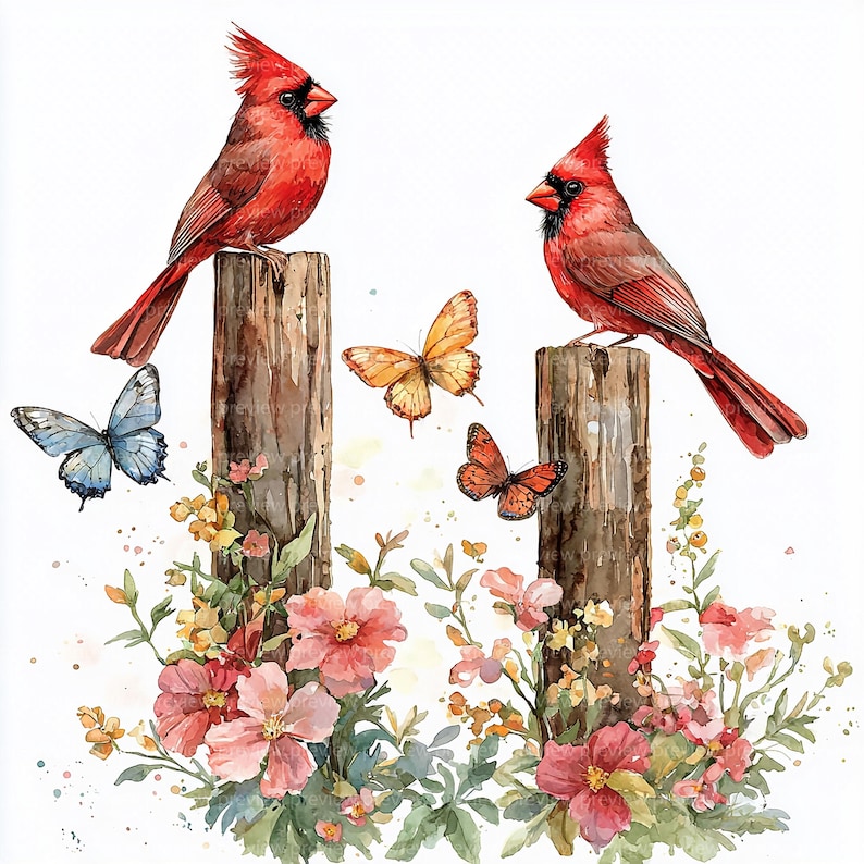 Watercolor Cardinals and Butterflies Clipart: Floral Bird Art (12 Jpgs ...
