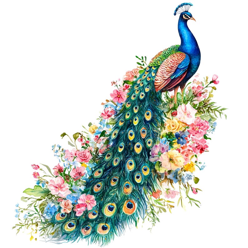 12 Floral Peacock Clipart JPG | Exotic Bird Watercolor Art | Botanical ...