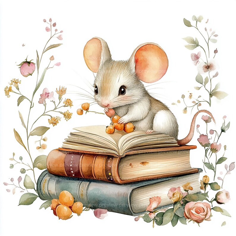 12 Mouse With Books Clipart, Floral Book Clipart, Watercolor Clipart ...
