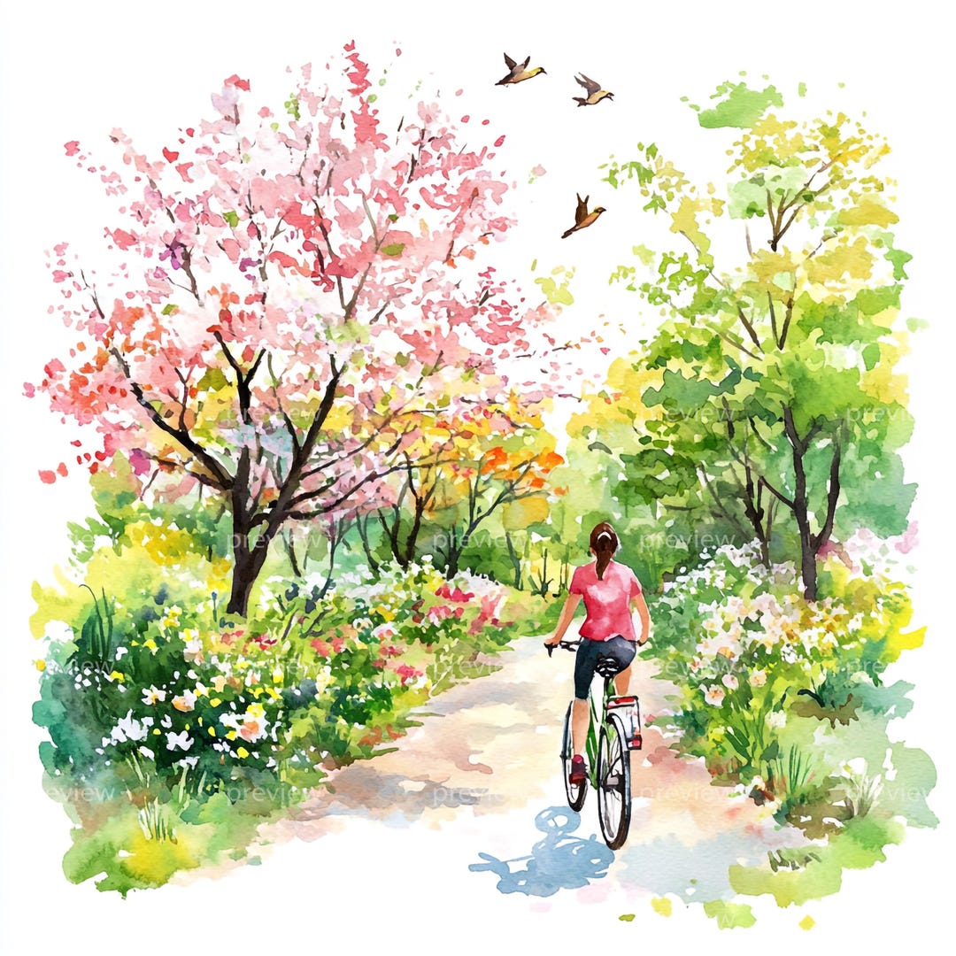 20 Spring Cycling Clipart, Spring Biking Clipart, Spring Watercolor ...
