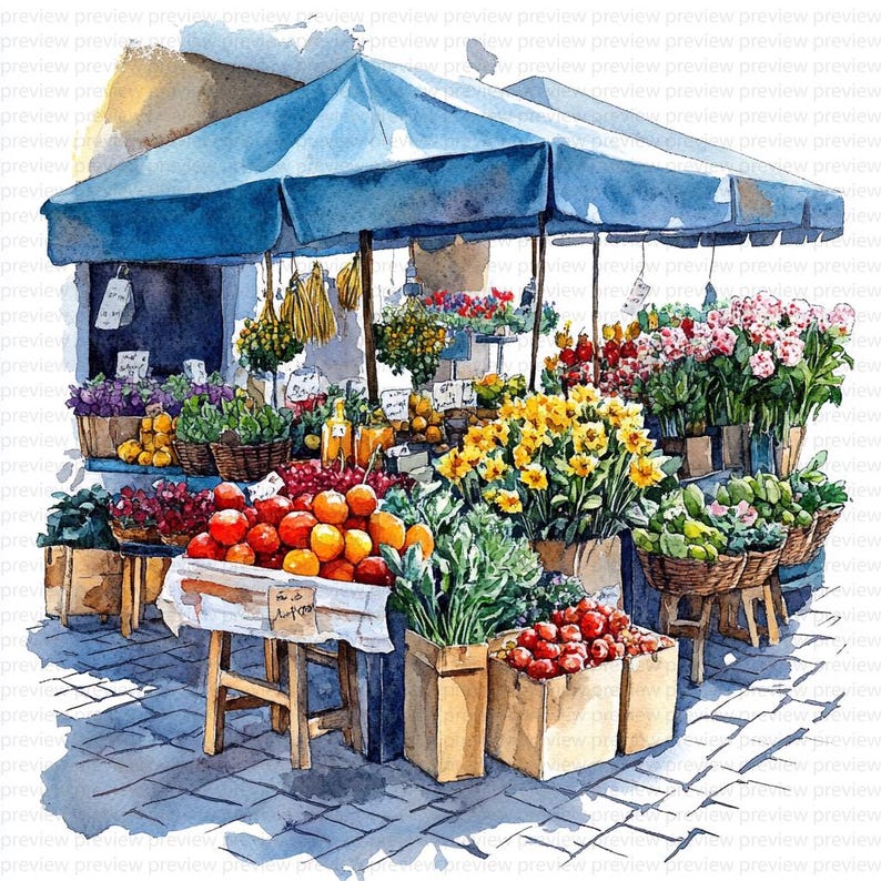 Farmers Market Watercolor Clipart: Grocery Art (12 Jpgs, Digital ...