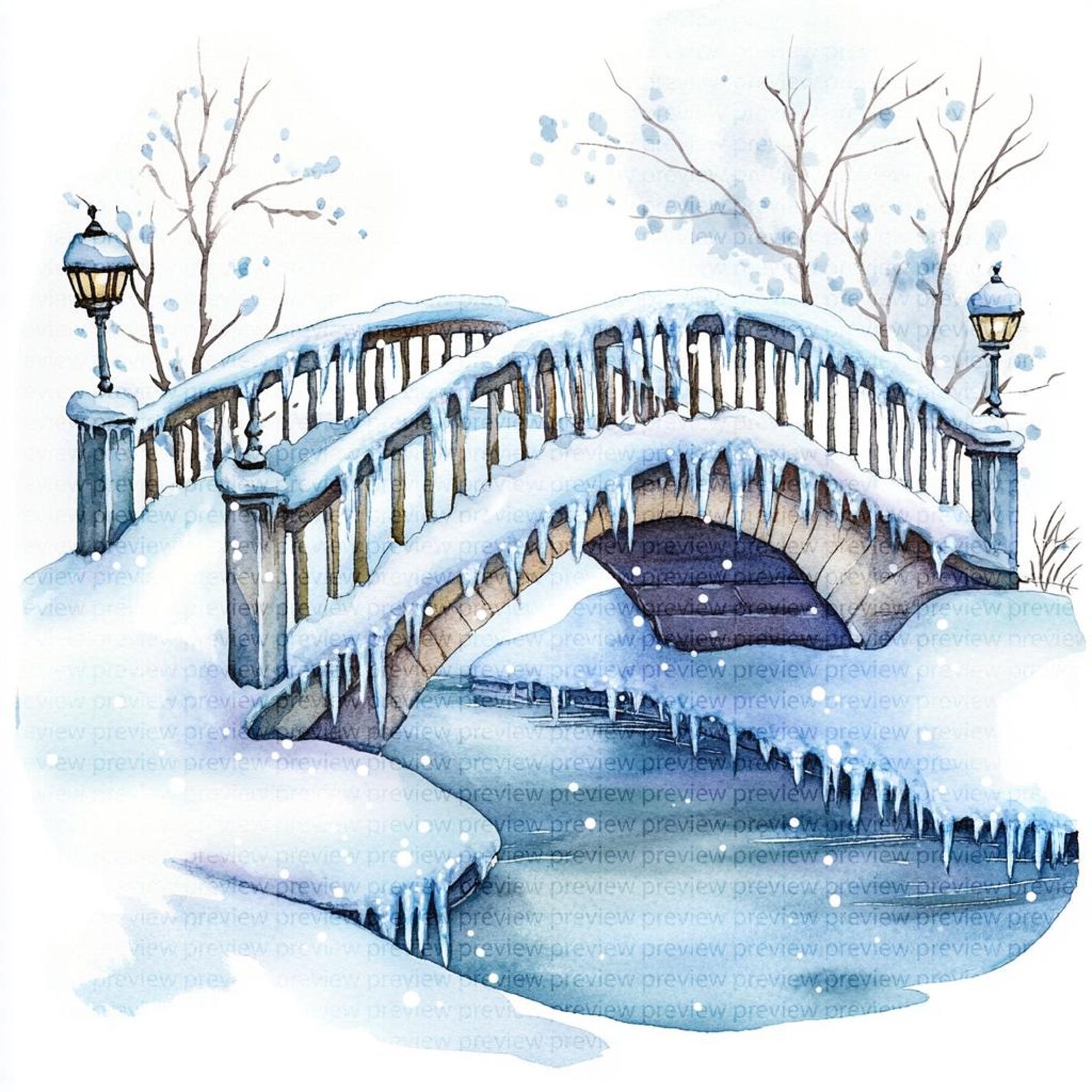 Watercolor Winter Bridge Clipart: Snow Scene (12 Jpgs, Digital Download ...
